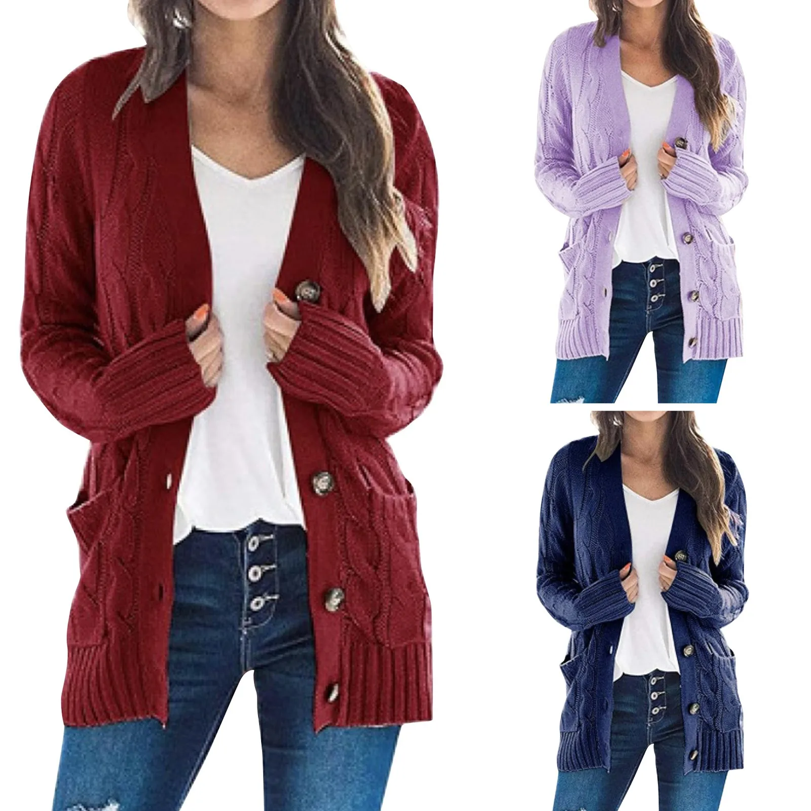 Women-s-Sweaters-Button-Down-Long-Sleeve-Cable-Twist-Knit-Sweaters-Open ...