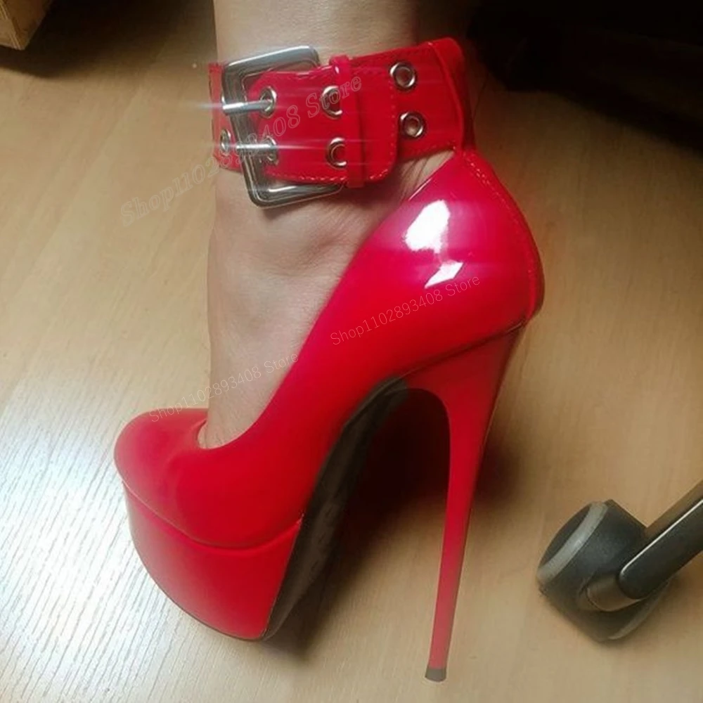 Red-Patent-Leather-Platform-Pumps-Ankle-Buckle-Strap-Stiletto-High-Heel ...