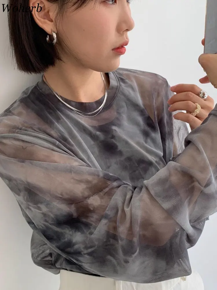 Woherb 2024 Korean Gray Tie-dye Mesh Top See Through Translucent Sheer ...