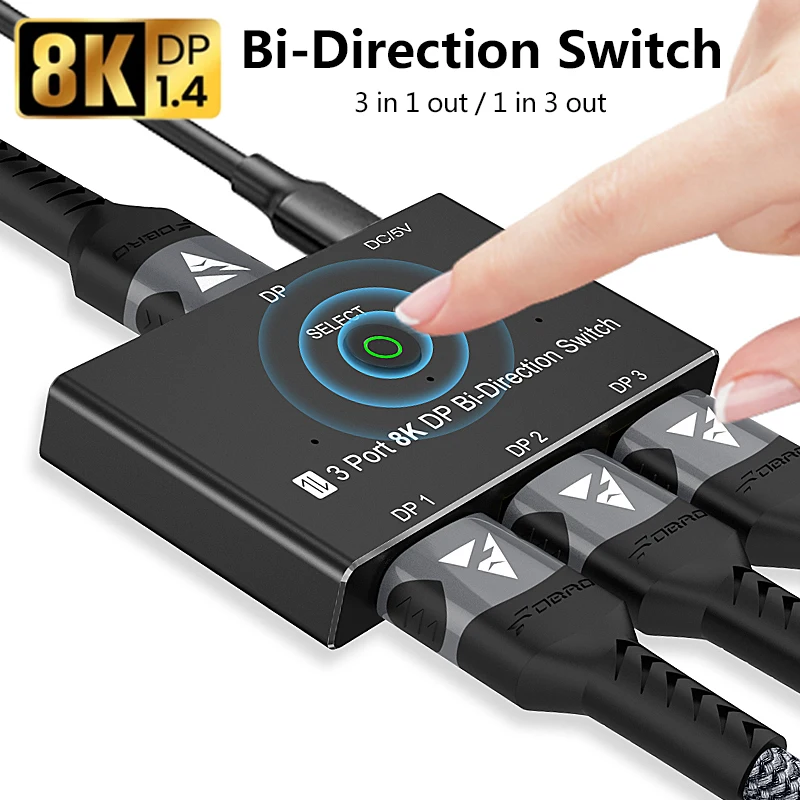 8K DisplayPort Splitter 3 in 1 Out DP 1.4 Bi-Direction Switch 8K@60Hz ...