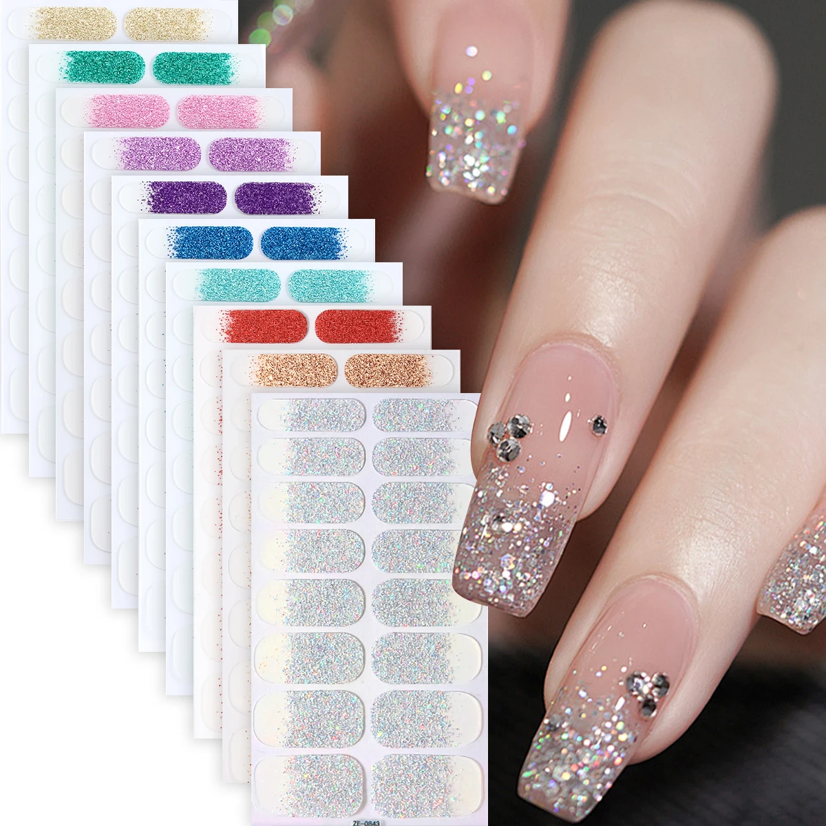 16Tips/10 Sheet Full Cover Nail Stickers Gradient Sparkling Nail Polish ...