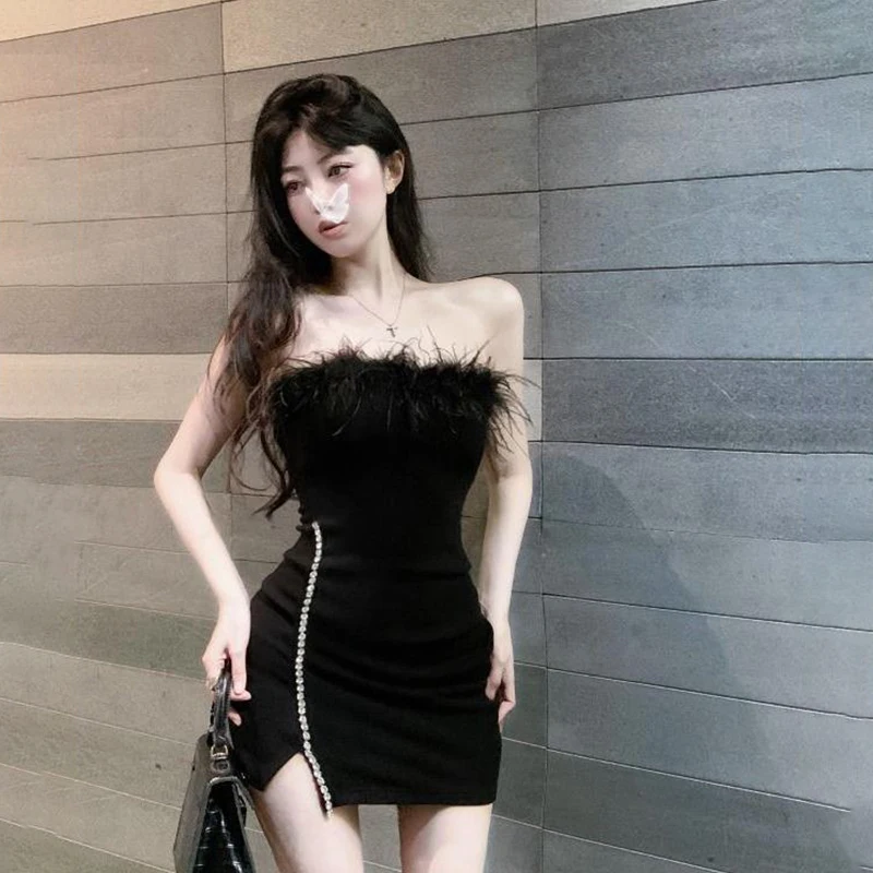 Strapless Dress Women Feather Collar Beaded Slit Birthday Party Wrapped ...