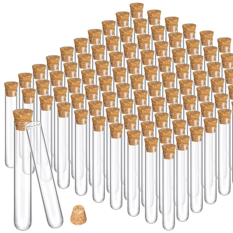 100PCS Glass Test Tubes With Cork Clear Stoppers Round Bottom Lab Test ...