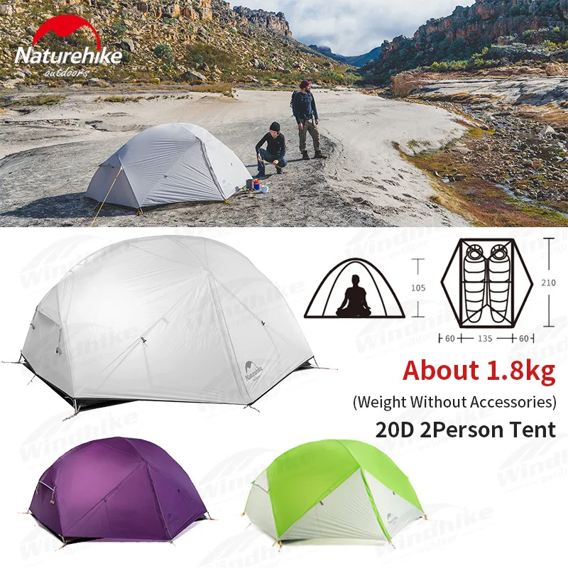 Naturehike tienda de campaña Mongar 2 para 2 personas, 1,8 kg, tela de nailon 20D, doble capa ...
