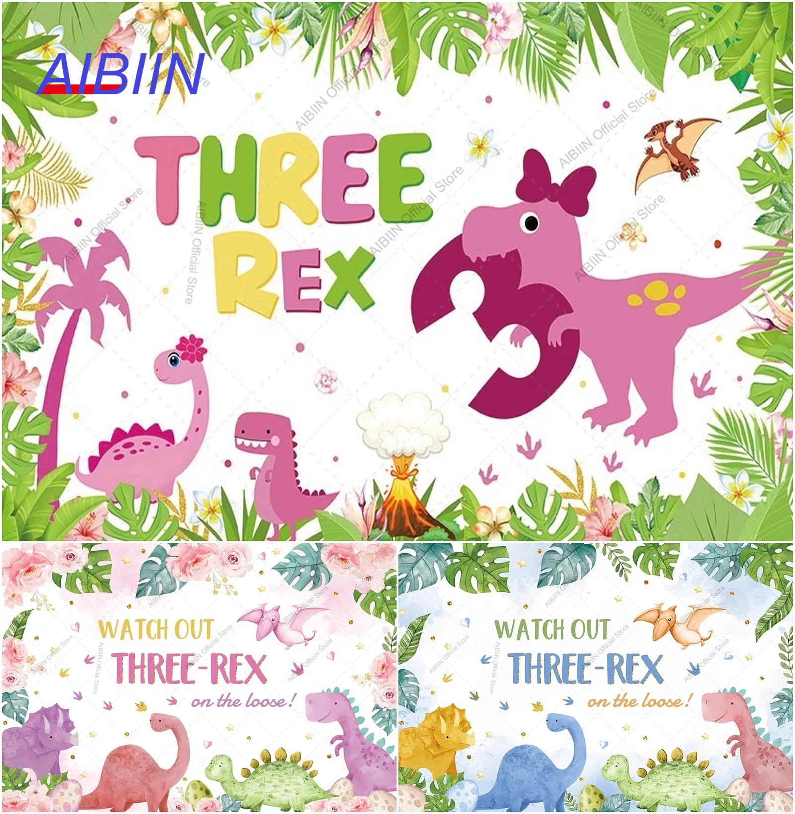 Fondo de tres Rex para tercer cumpleaños, tema de dinosaurio, hojas de ...
