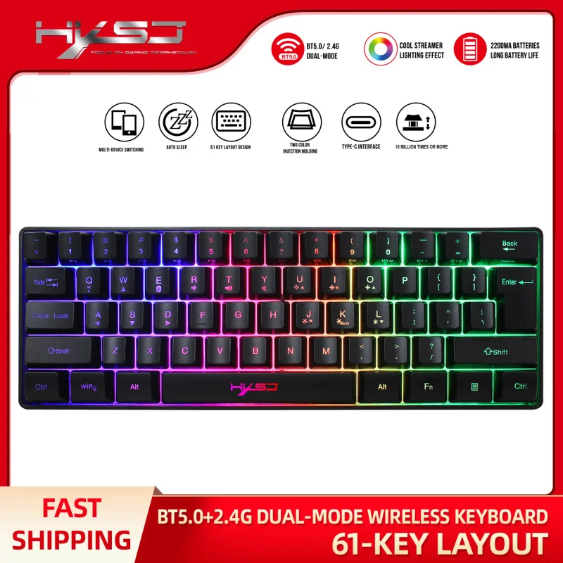 Hxsj Wireless Gaming Keyboard Backlit Mini 61 Key With Bluetooth 5.1 2 ...