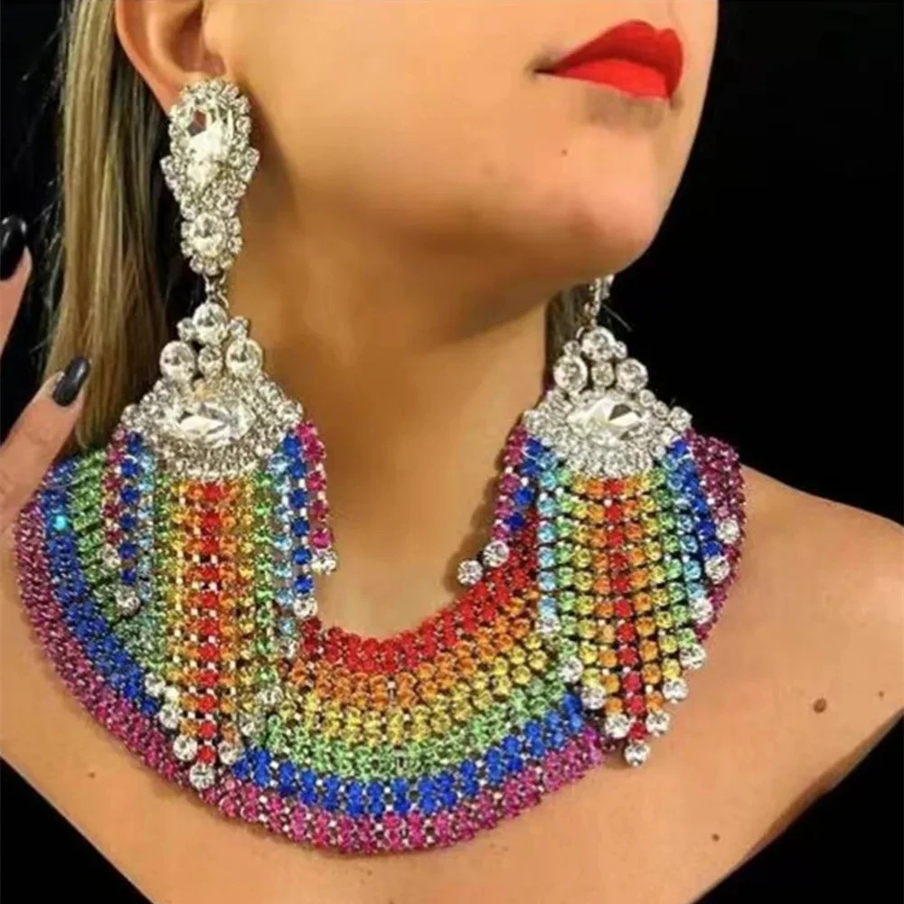 Boho Rhinestone Rainbow Geometric Fringed Dangle Earrings Drag Queen ...