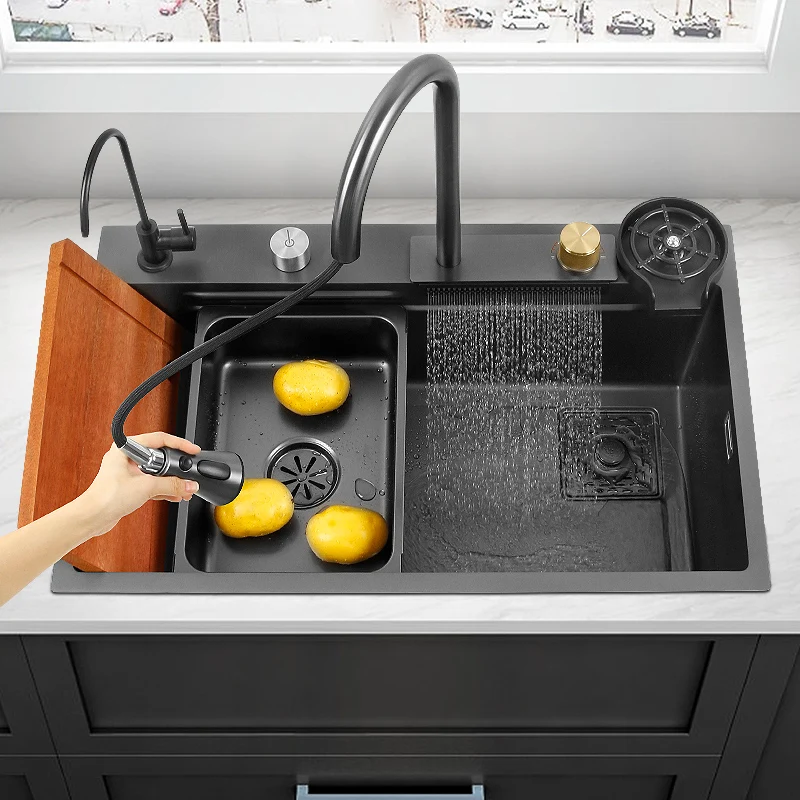 Kitchen-Sink-With-Waterfall-Stainless-Steel-Black-Multifuctional-Large ...