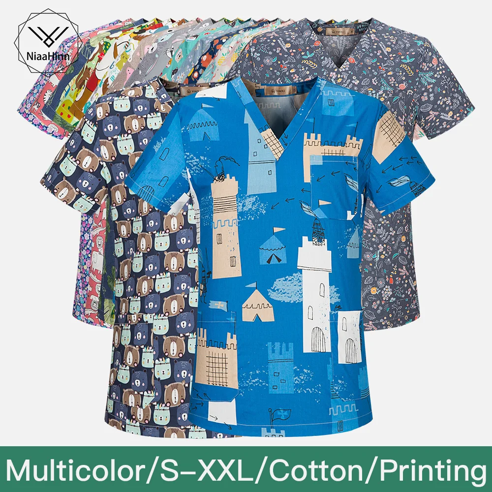 Medical-Doctor-Nursing-Scrubs-Tops-Cartoon-Print-Cotton-Costume-Unisex ...