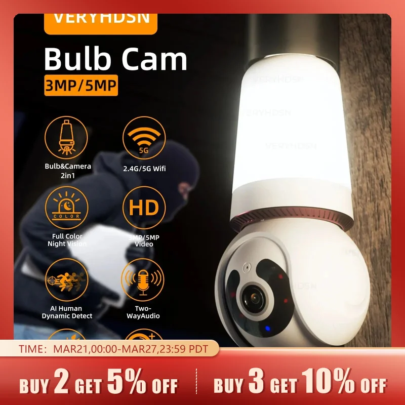 5MP 1/2/4PCS Bulb Camera Wifi 5G Color Night Vision 10X Digital Zoom ...