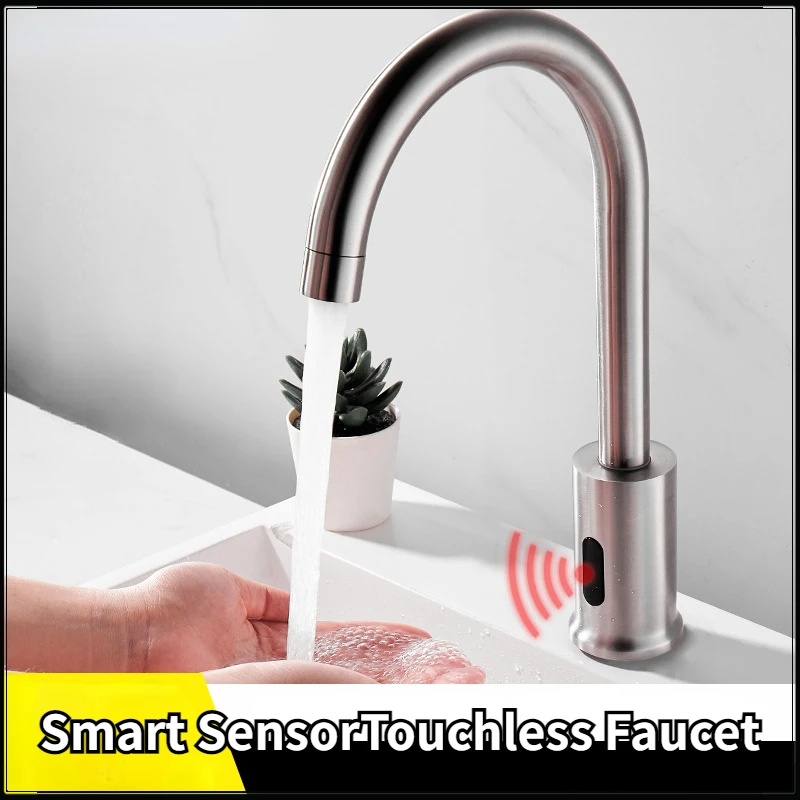 New Design Touchless Induction Vanity Faucet Bathroom Automatic Brushed ...