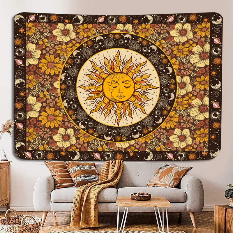 Sun Moon Tapestry Vintage Boho Tapestries Wall Hanging with Sunflowers ...
