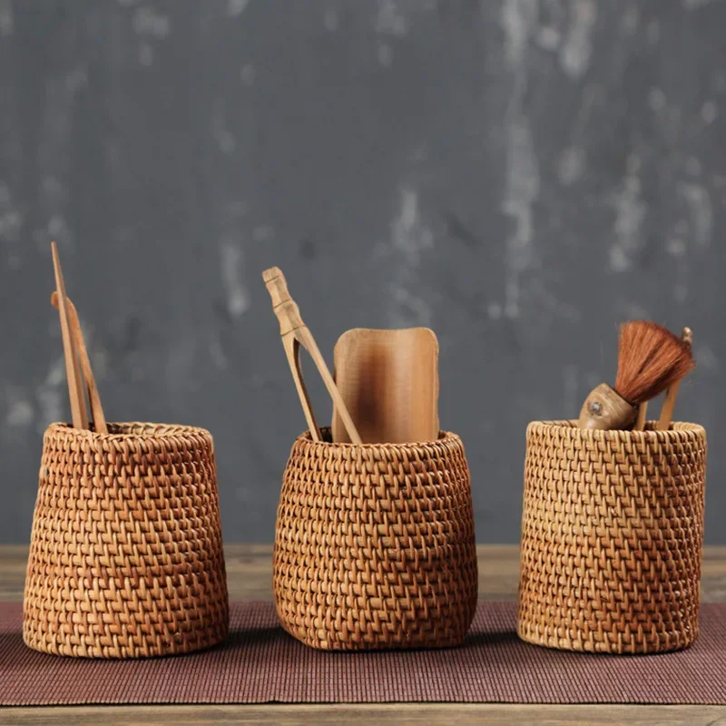 Rattan Tea Set Chopsticks Tube Hand-woven Spoons Bucket Dinner Knives ...
