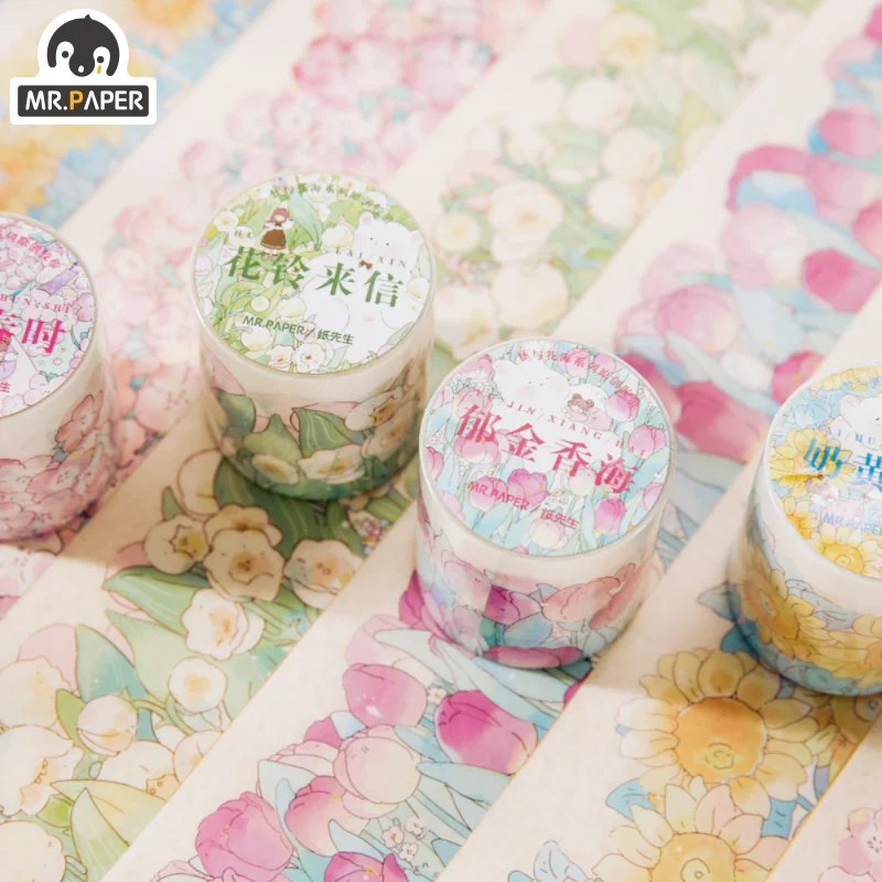Mr. Paper 작은 신선한 와시 종이 테이프, 꽃 테마, 간단한 문학 손 계정 장식 문구 용품 테이프, 300cm/롤 ...