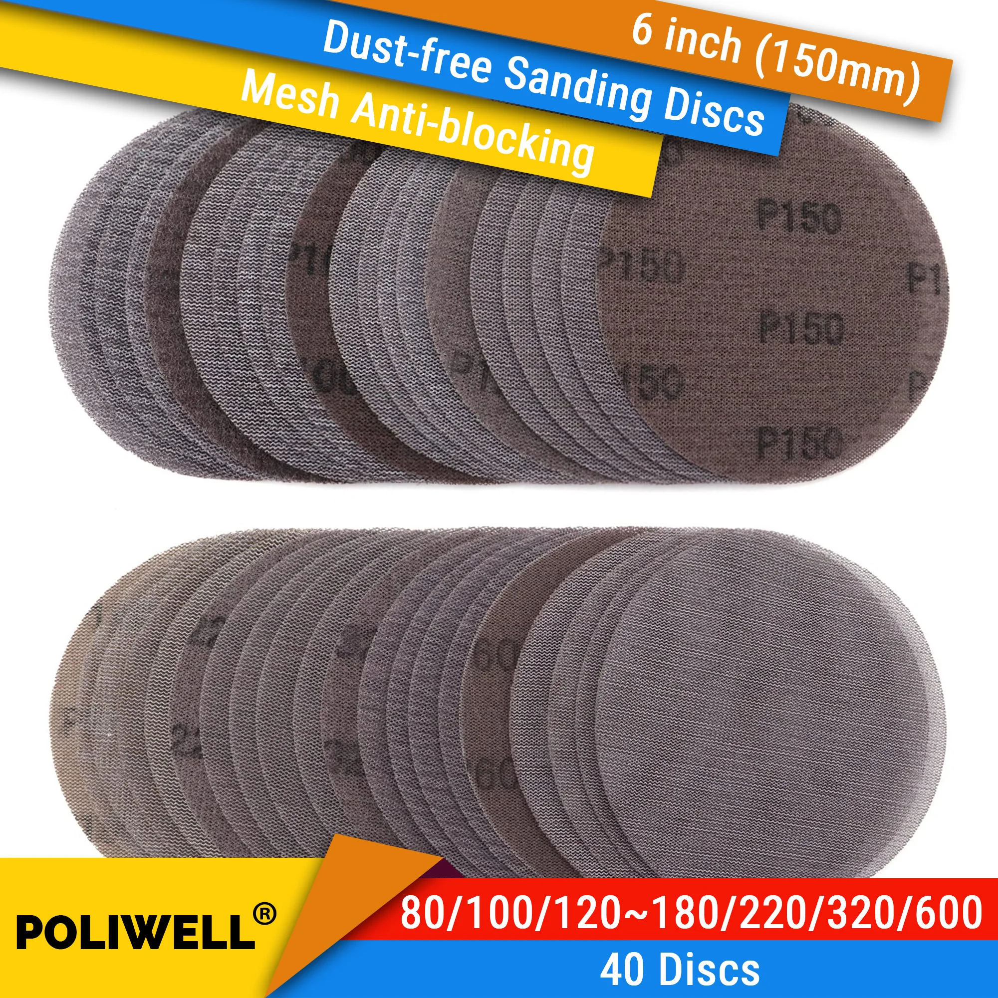 40PCS-6-Inch-150mm-Mesh-Hook-Loop-Sanding-Discs-Assort-Grit-Dust-Free ...