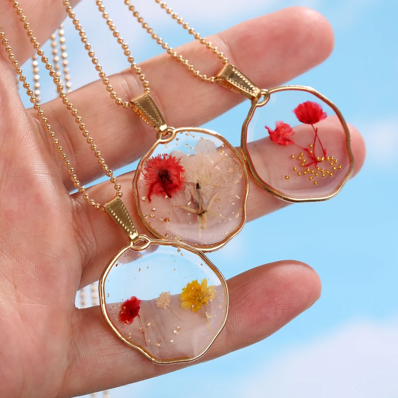 Fashion-Pressed-Flat-Clear-Real-Natural-Dried-Flower-Pendant-Chain ...