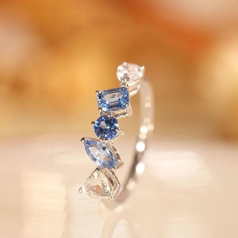 Light Luxury Gradient Sea Blue Crystal Irregular Rings for Women New in ...