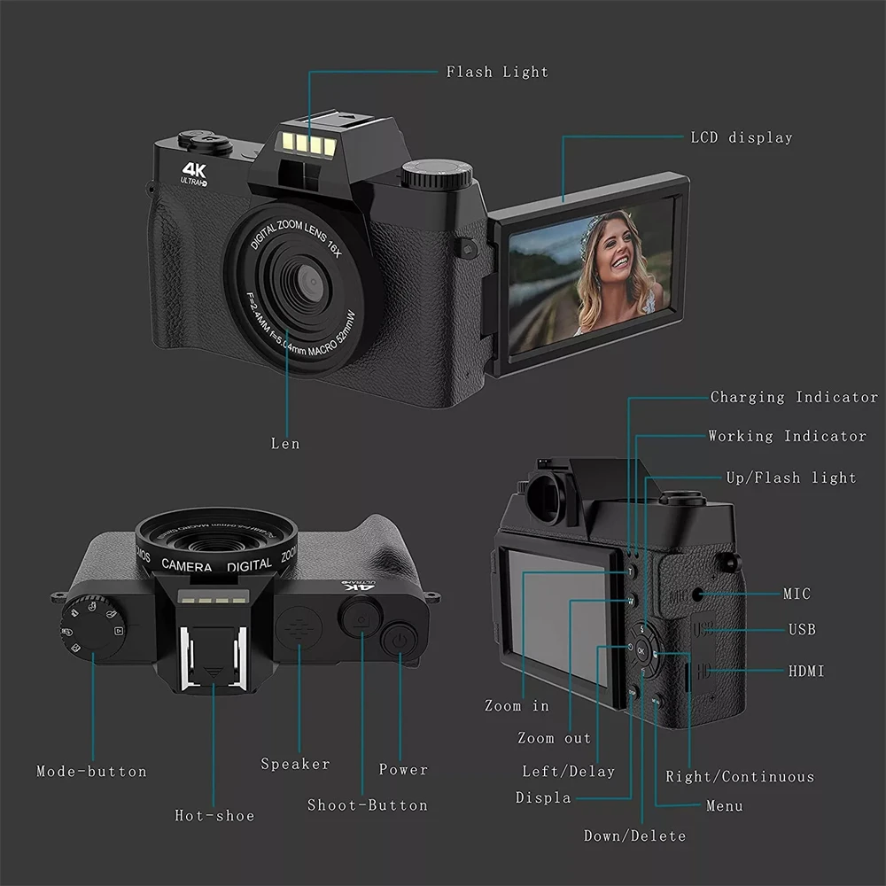 DIXSG Professional WiFi Digital Camcorder 4K Camera 3.0 180° Flip ...