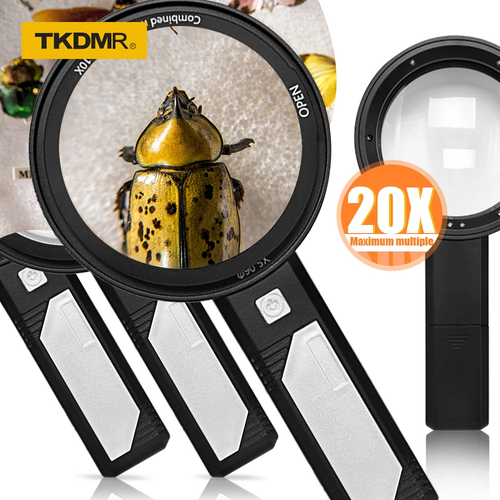 TKDMR-20-15-10X-Illuminating-Reading-Magnifying-Glasses-Handheld-USB-Rechargeabl-Magnifier-with ...