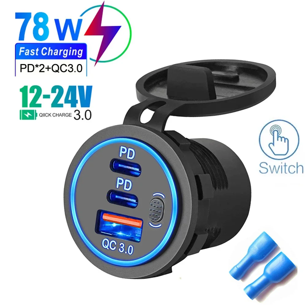 78W Dual PD QC3.0 Car Charger Socket Accessory Waterproof Quick Charge ...