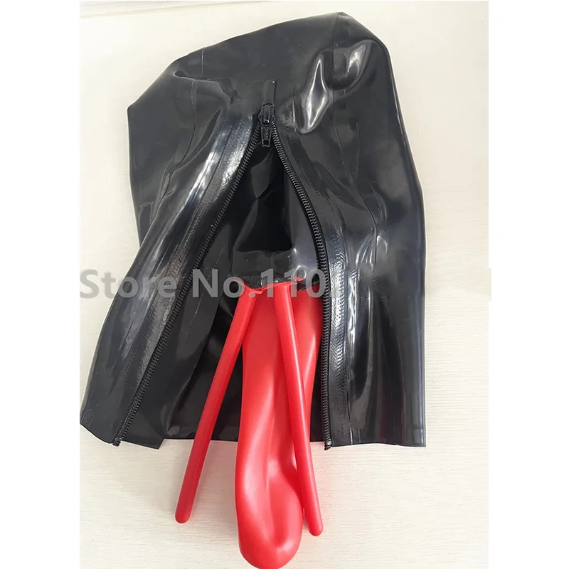 Latex Fetish Hood Sexy Rubber Mask with Red Mouth Long Nose Tube Back ...