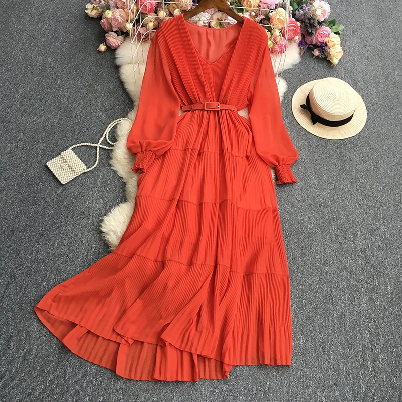 Summer-Chiffon-Long-Dress-for-Women-Pleated-Folds-Patchwrok-Full-Sleeve ...