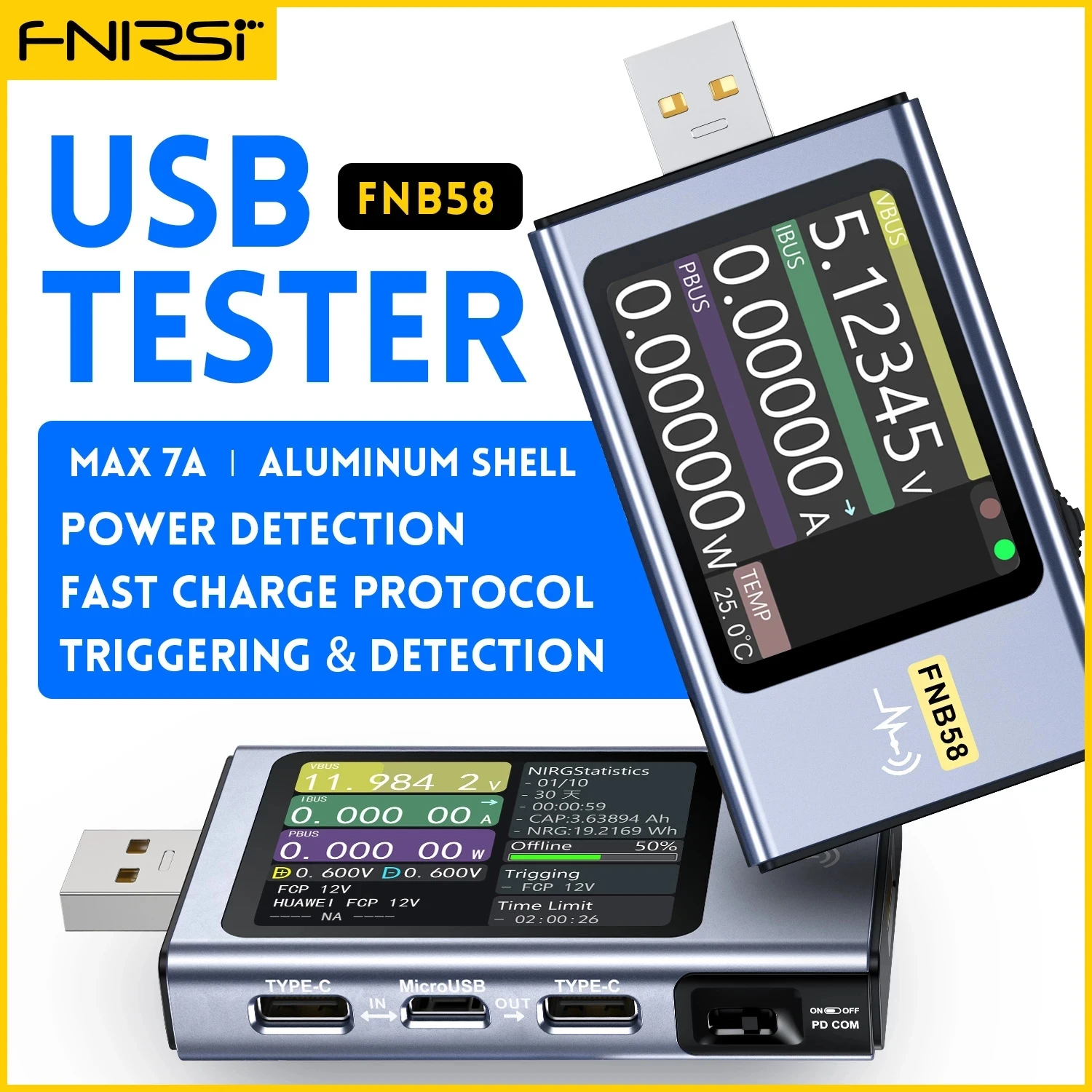 FNIRSI FNB58 FNB48 USB 테스터 전압계 전류계 TYPE C 빠른 충전 감지 트리거 용량 측정 리플 측정 ...