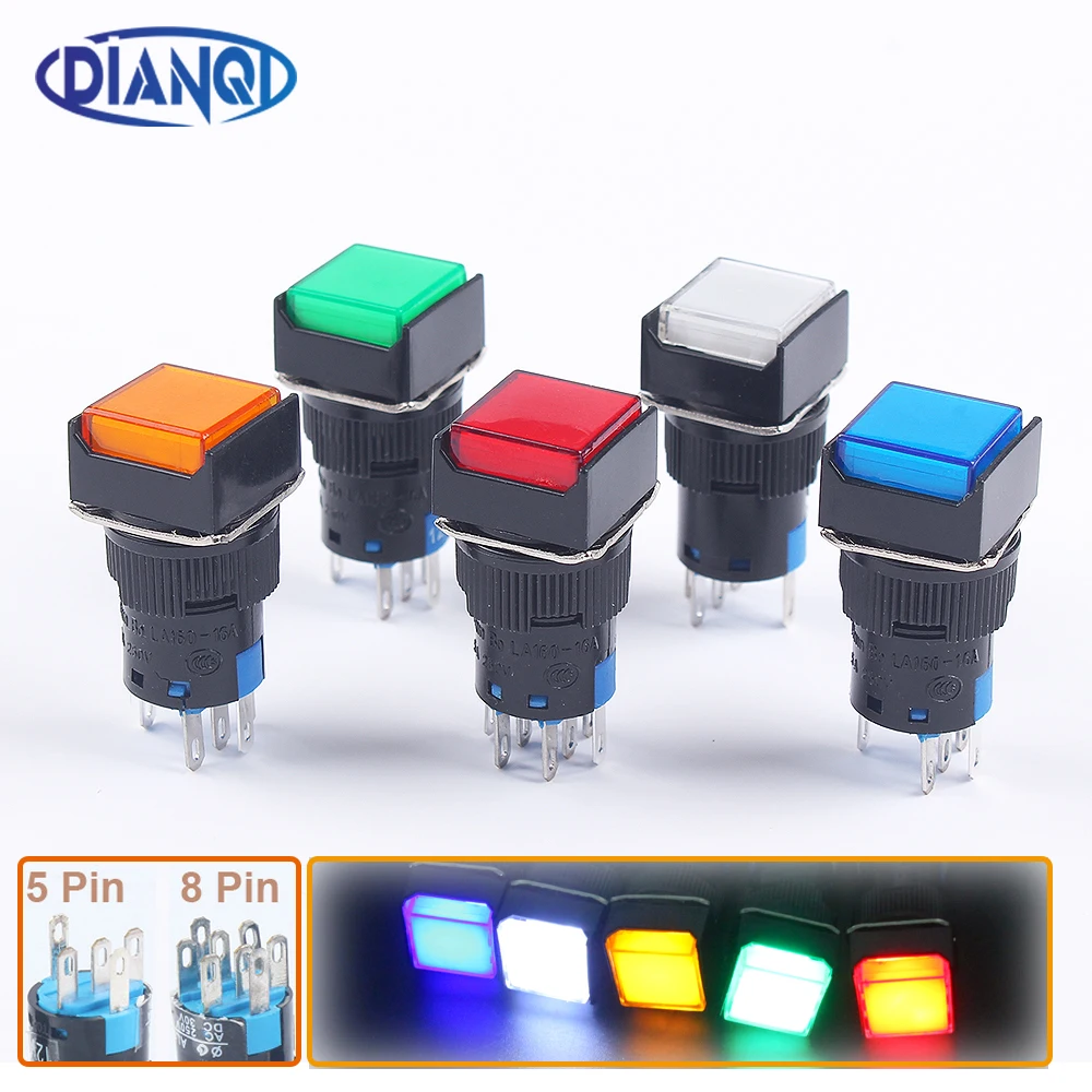 5PCS 5V 12V 24V 220V Momentary LED Illuminuted Maintained Self-locking ...