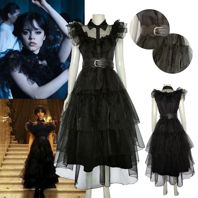 Kids Adult Wednesday Addams Cosplay Costume Black Prom Dress Wednesday ...
