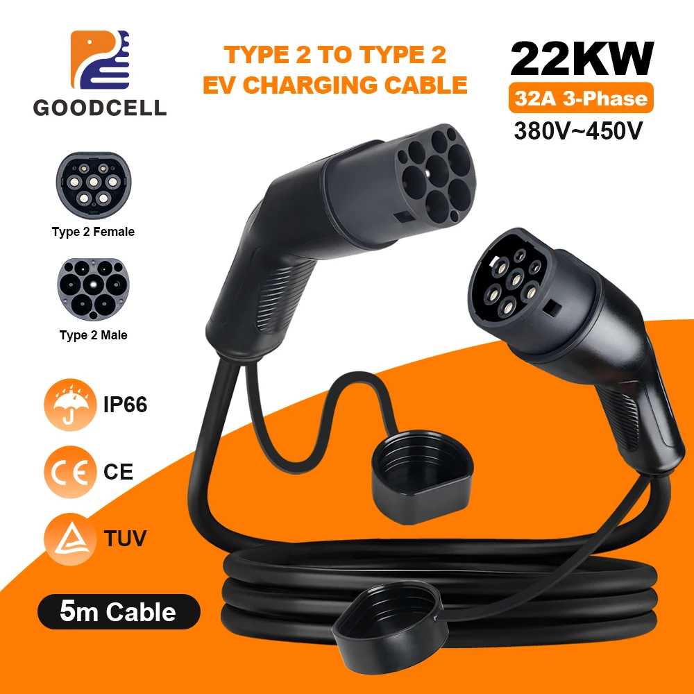 Cable de carga GOODCELL 11/22KW EV 16/32A 3P Type2 a Type 2 IEC62196 3 ...