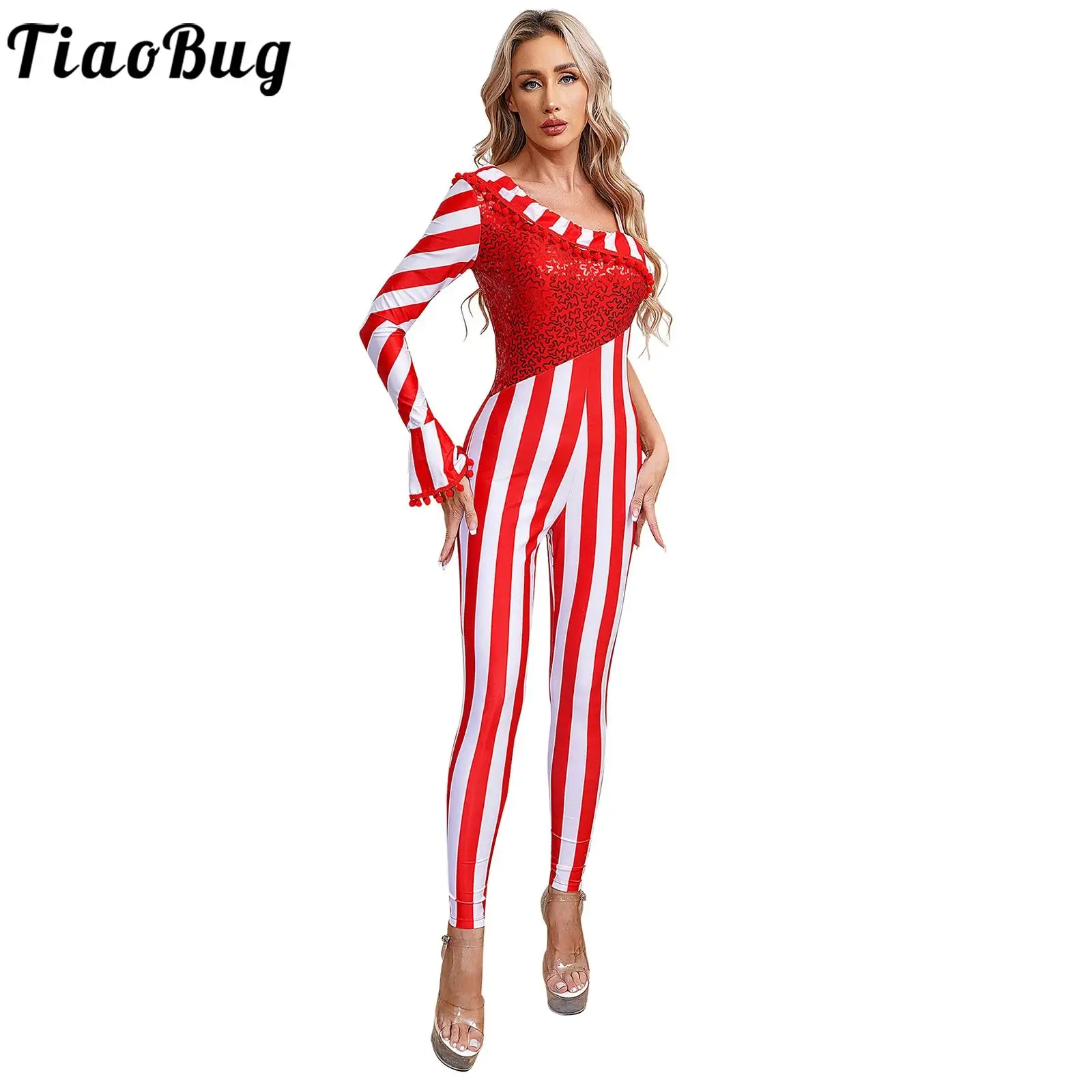 Women Candy Cane Striped Sequin Jumpsuit Christmas Costume Jazz Ballet ...