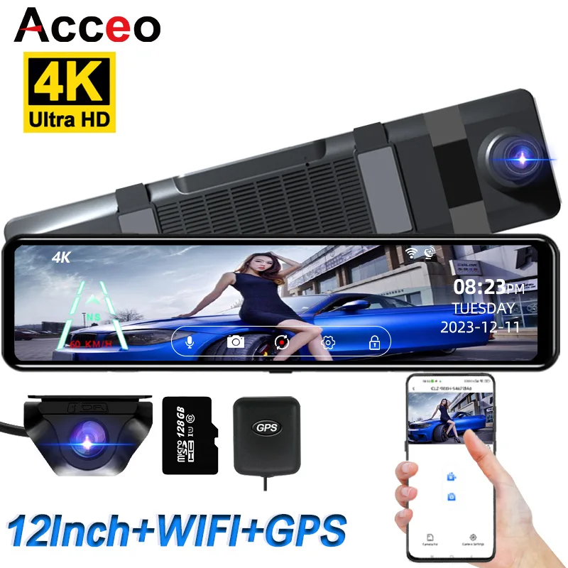 Dash-Cam-4K-12Inch-Touch-Screen-WIFI-GPS-Room-Media-Mirror-Video ...