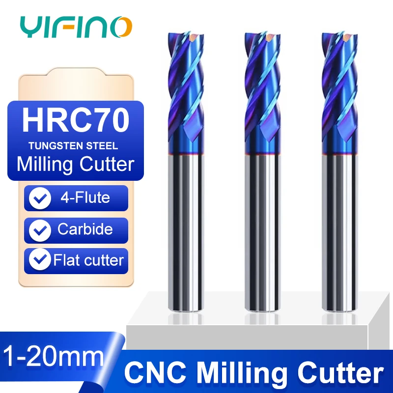 YIFINO HRC70 4-Flute Blue Nano Coating Flat Bottom Milling Cutter CNC ...