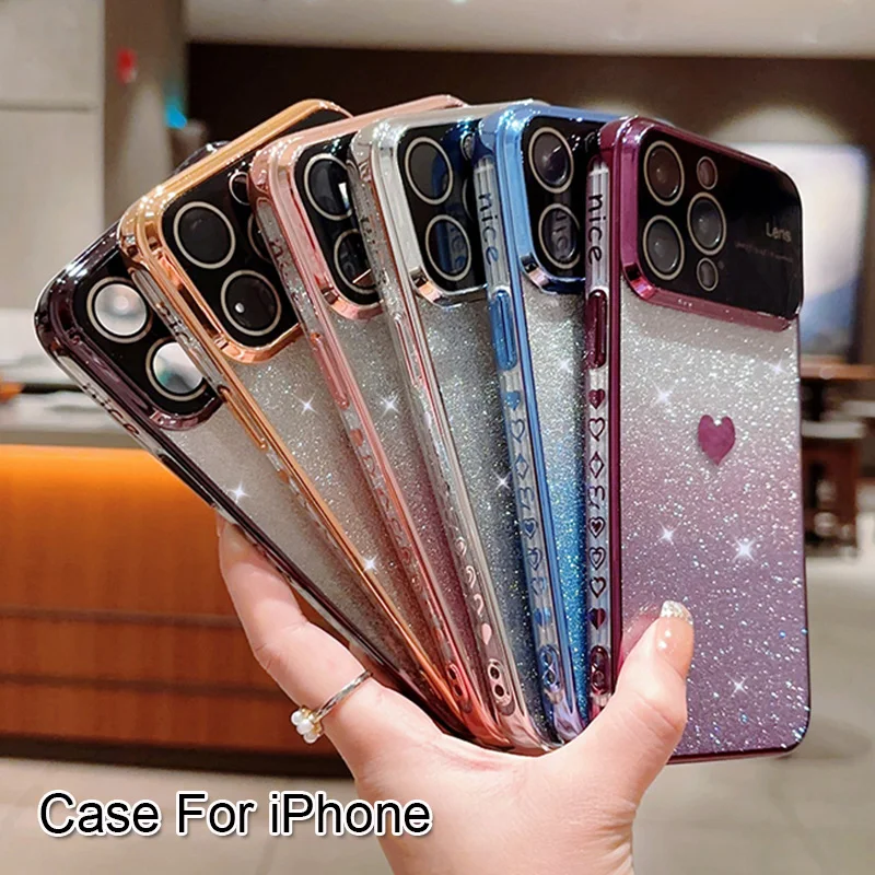 Gradient-Glitter-Love-Heart-Plating-Transparent-Phone-Cases-For-IPhone ...