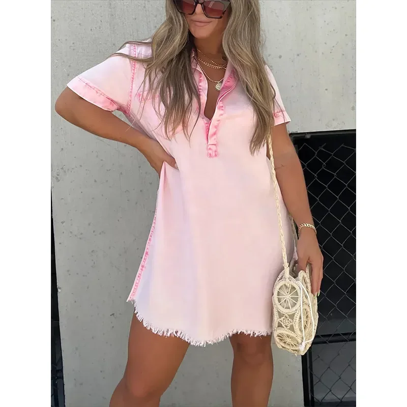 Short-Sleeve-Tassel-Bottom-Hem-Casual-Jean-Dress-Women-Denim-Shirt ...