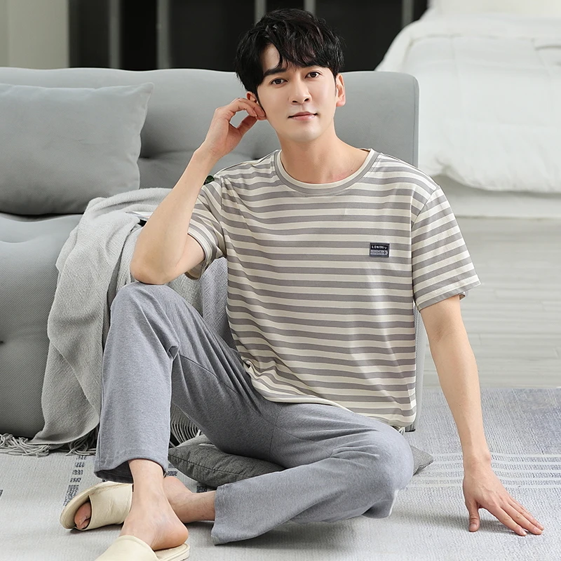 Men-s-Home-Clothes-Summer-Striped-Cotton-Sleepwear-Lounge-Set-Homewear ...