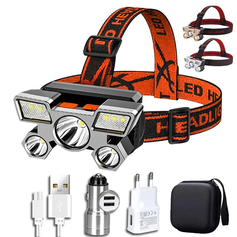 5-LED-USB-Rechargeable-Headlamp-18650-Built-in-Battery-Headlight-Portable-Head-Flashlight ...