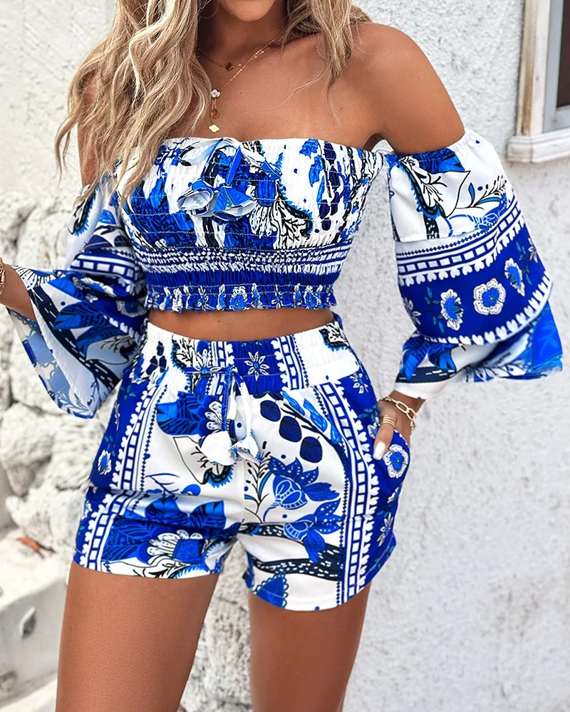 2024-Summer-Women-Two-Piece-Set-Outfit-Floral-Print-Shirred-Off-The ...