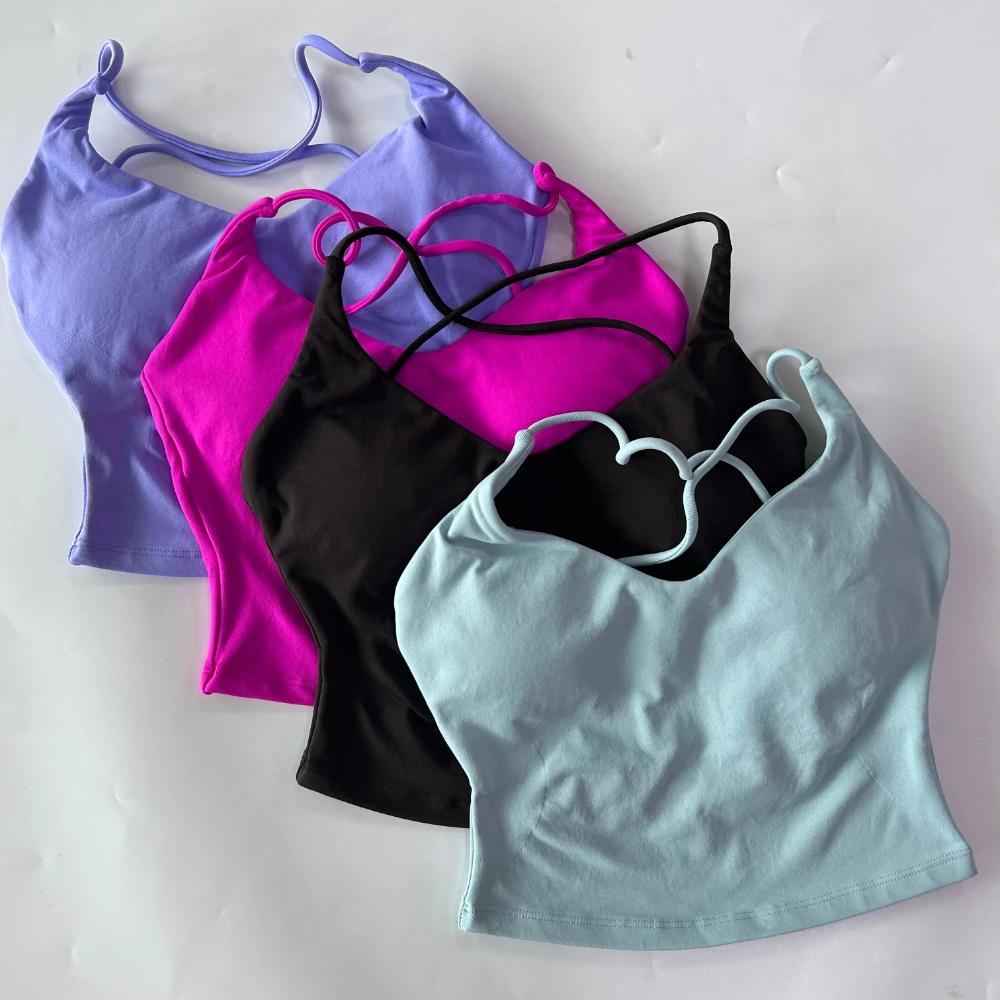 Seamless Strappy Top Backless Padded Gym Top Women Cross Back Straps ...