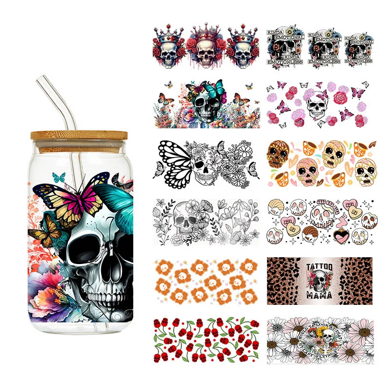 1PCS-16OZ-Floral-Sugar-Skull-Can-Bottle-Waterproof-Sticker-Wraps-Print ...