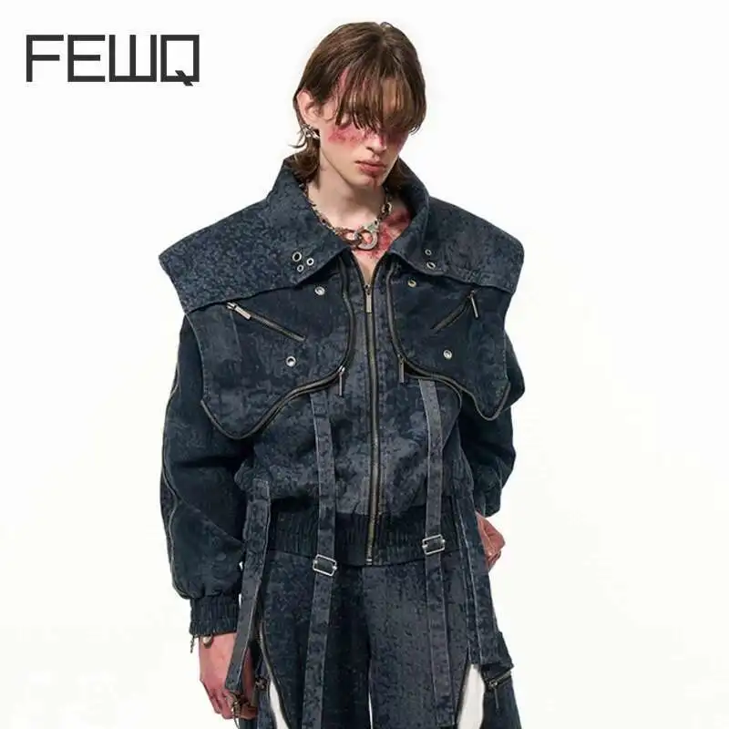 FEWQ Fake Two-piece Design Men's Jackets Denim Turn-down Collar Ribbon ...