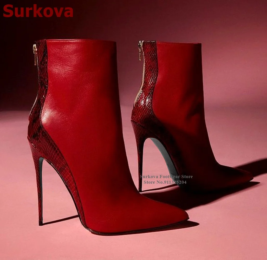 Surkova Red Snakeskin Patchwork Suede Pointed Toe Ankle Boots Women ...