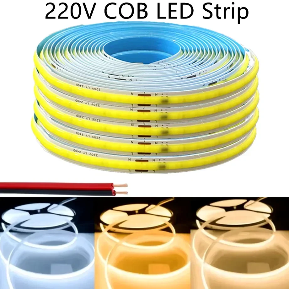 220V COB LED Strip 0.5M-10M Flexible Tape Light Smart IC No Need Driver ...
