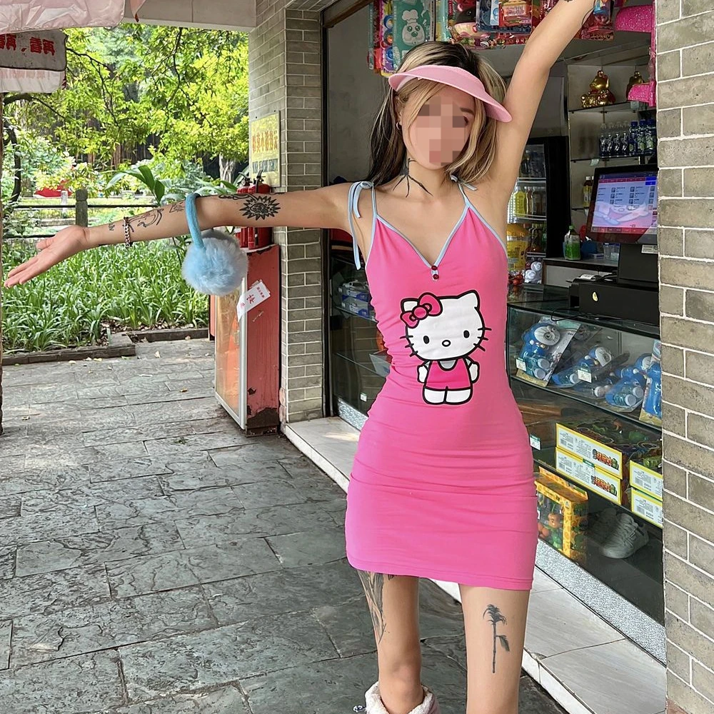Hottie Girl Y2k Cute Hello Kitty Dress Women's Color Matching Printed Slim Fit Sexy Suspender ...