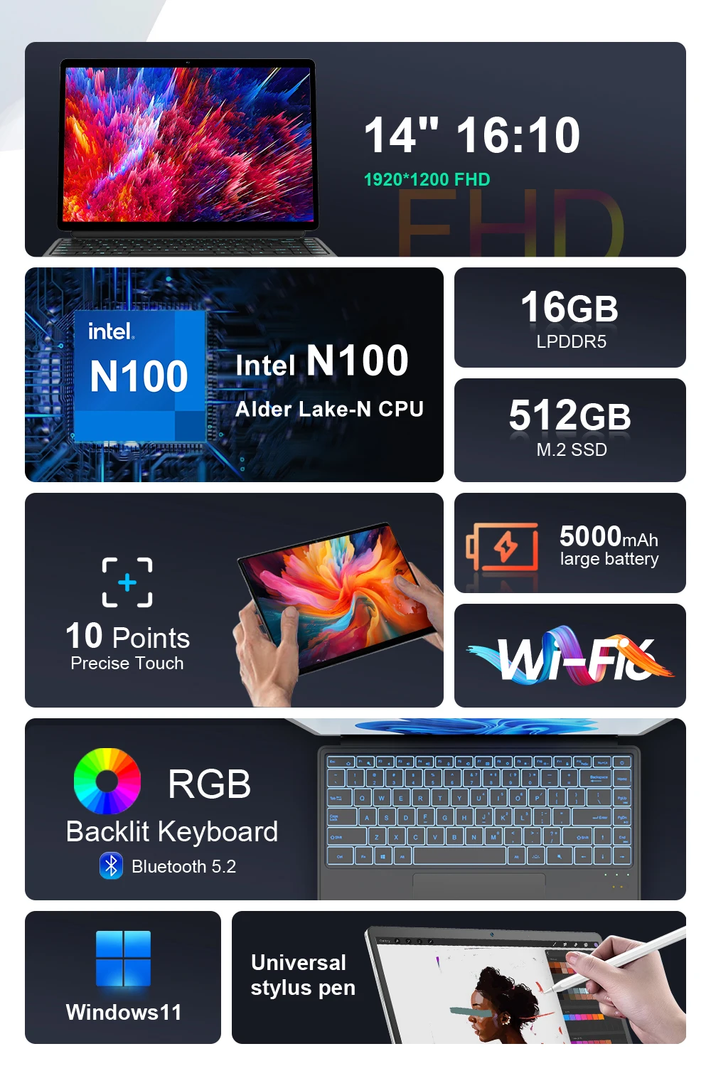 Ninkear Laptop T40 2-in-1 TouchScreen Laptop 14" IPS Intel N100 16GB ...