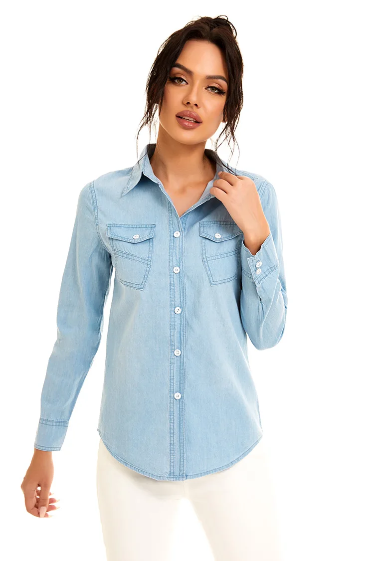 Light-Blue-Slim-Thin-Cotton-Denim-Shirts-For-Woman-2024-Spring-Casual ...