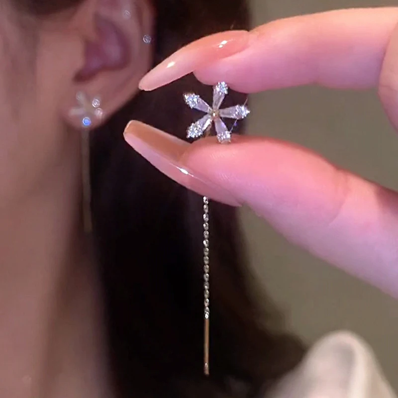 S925 Silver Needle Micro-inlaid Zircon Flower Ear Line Exquisite Light Luxury High Quality Drop ...