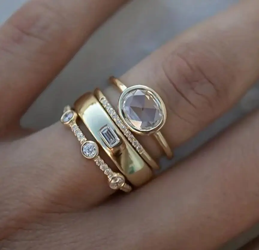 Trendy-Gold-Color-Inlay-Zircon-Four-Piece-Set-Combination-Rings-For ...