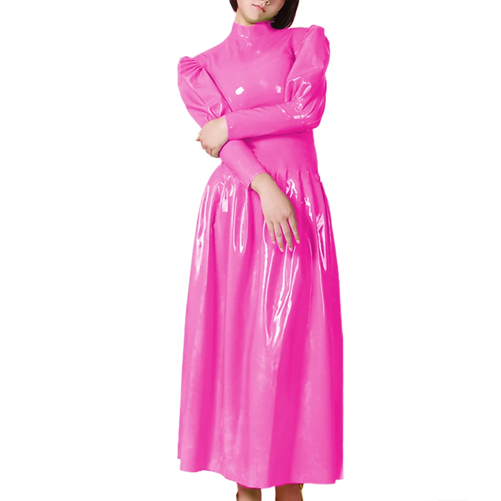 Ladies-Long-Sleeve-Slim-Party-Long-Dress-Wetlook-PVC-Leather-High-Neck ...
