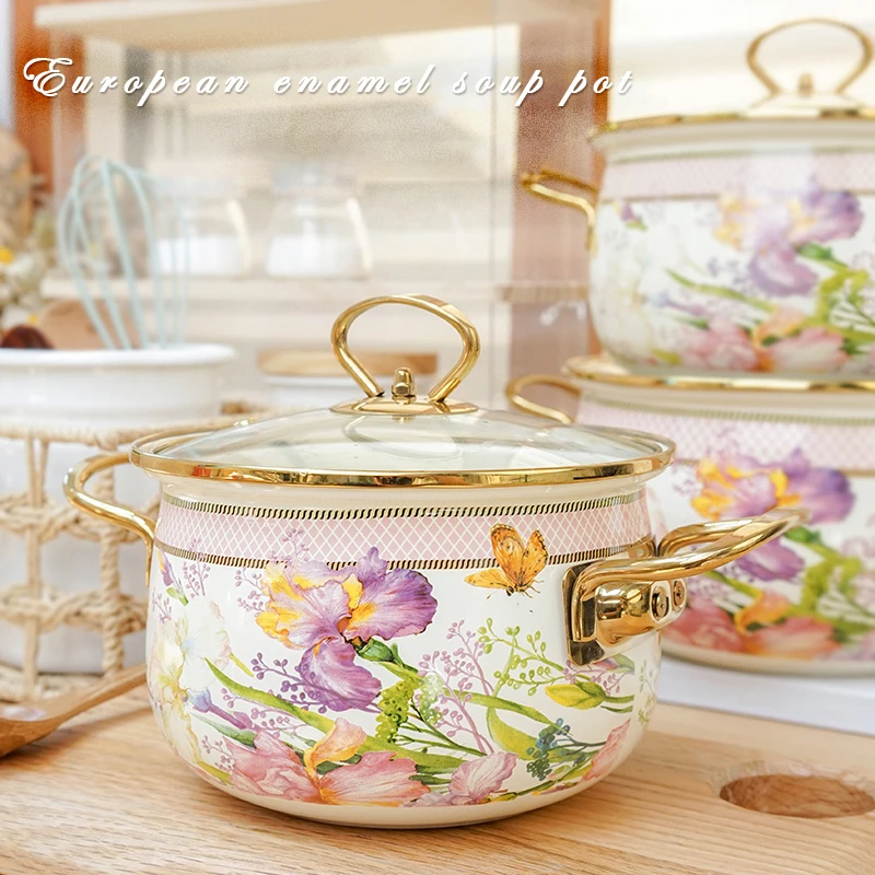 Retro Flower Soup Pot Enamel Binaural Large Capacity Household Stew Pot ...